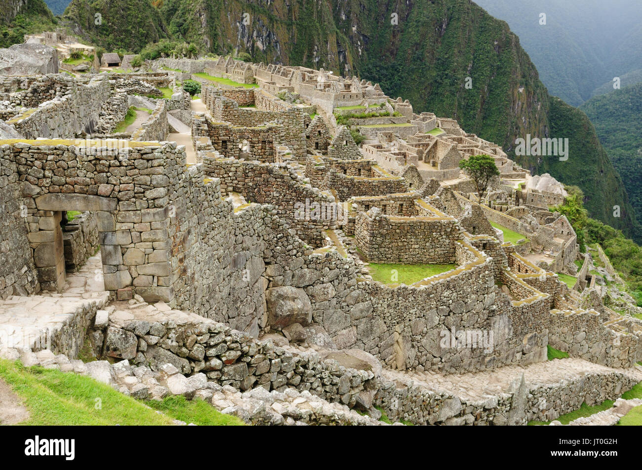 Peru, Machu Picchu the lost ancient incas town. Main gate to fhe city ...