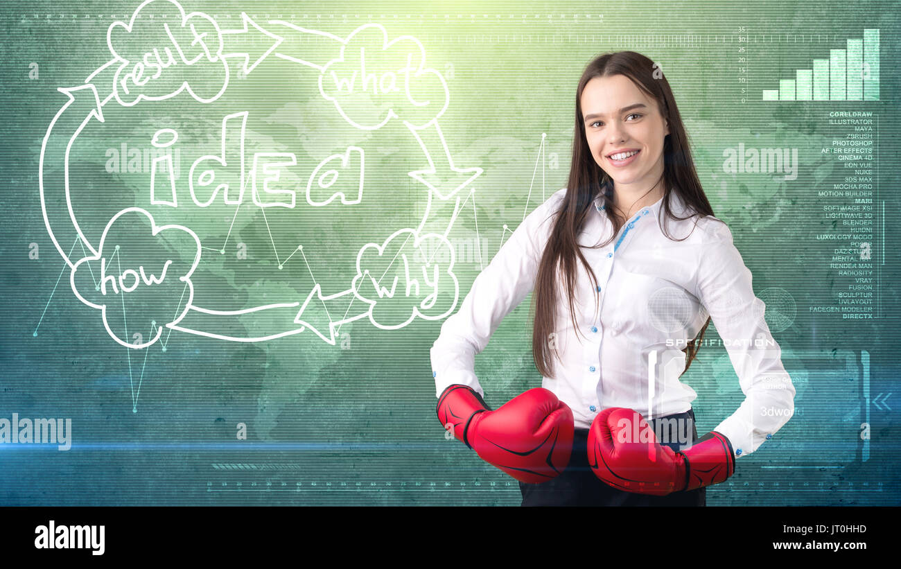 Creative ideas concept, boxing businesswoman standing on fight pose on ...