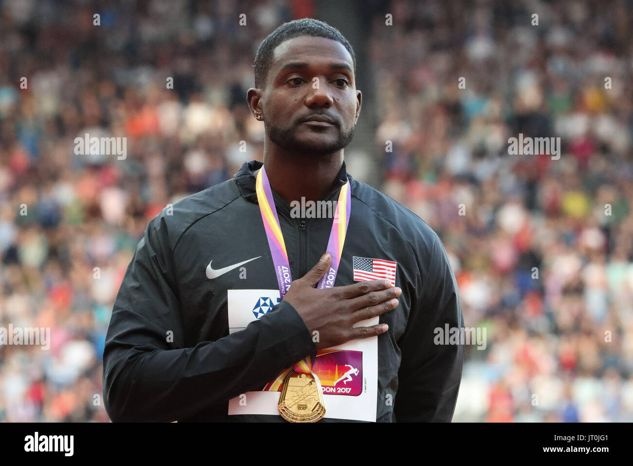 London, 2017 August 06. A humble Justin Gatlin wears his gold medal for ...