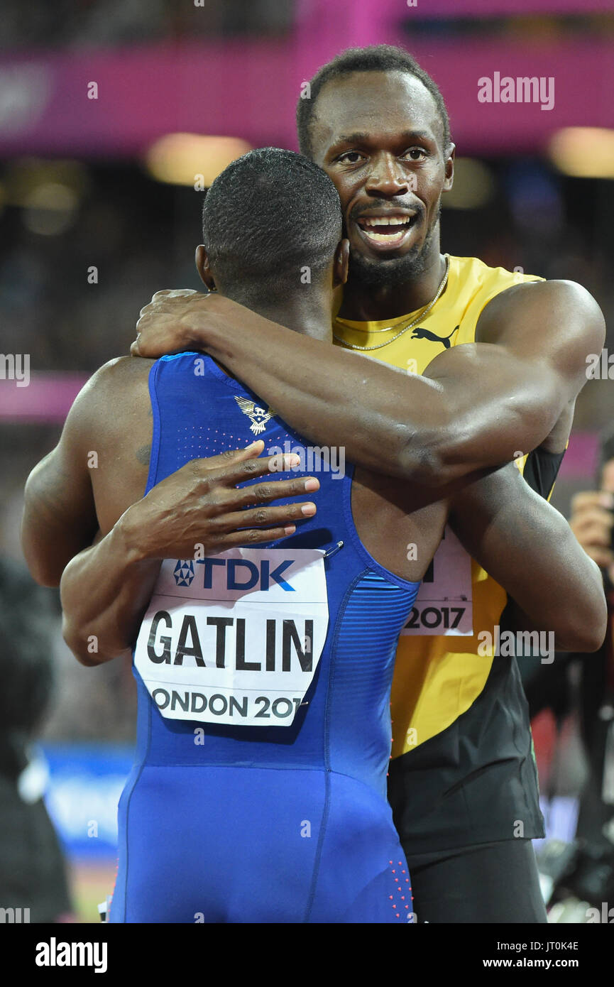 Justin GATLIN, USA and Usain Bolt during 100 meter final at London ...