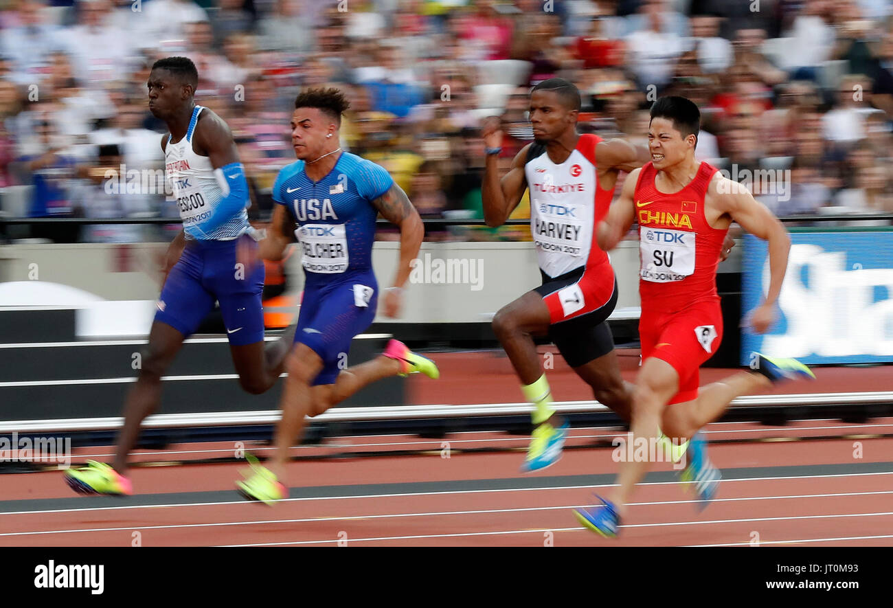 London, Britain. 5th Aug, 2017. Su Bingtian of China sprints during Men ...