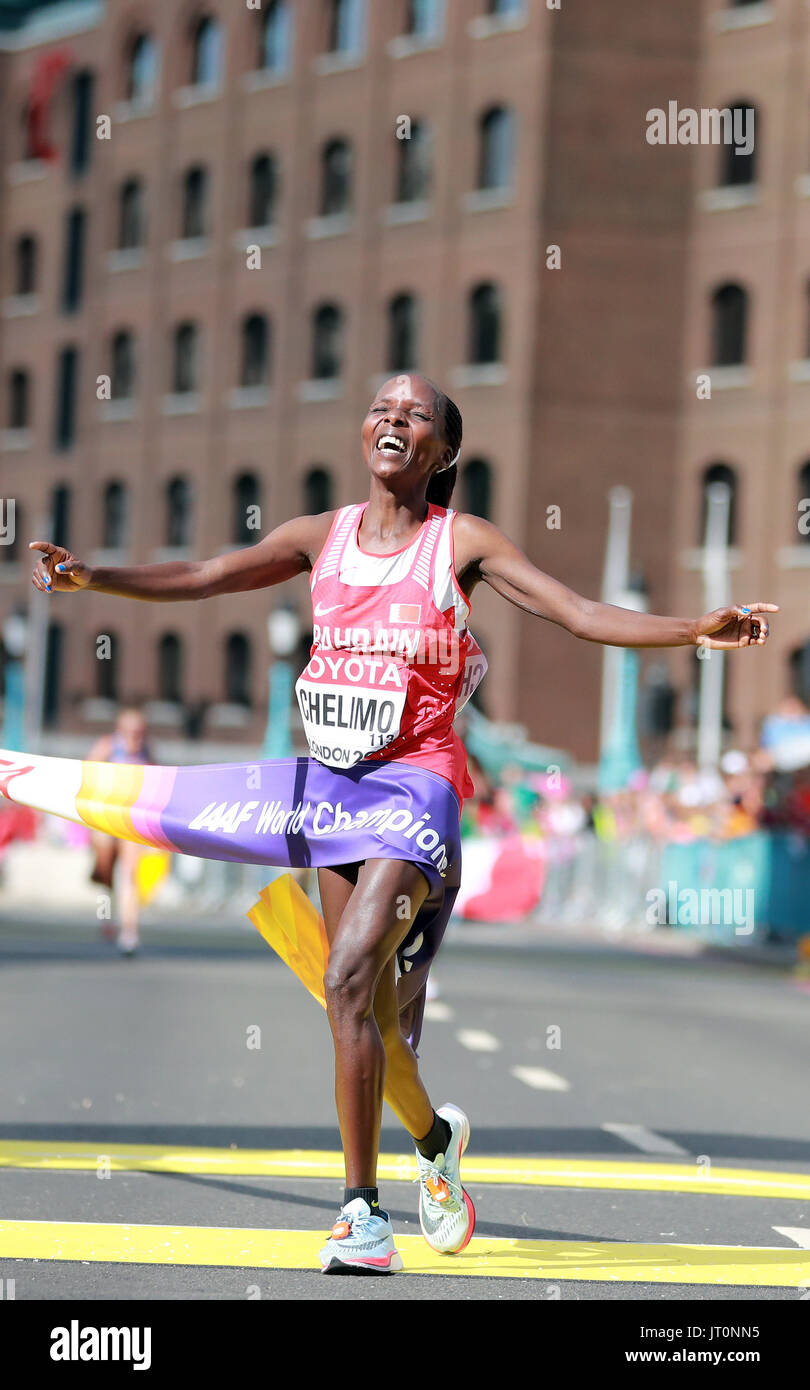 London, Britain. 6th Aug, 2017. Rose Chelimo of Bahrain celebrates as ...