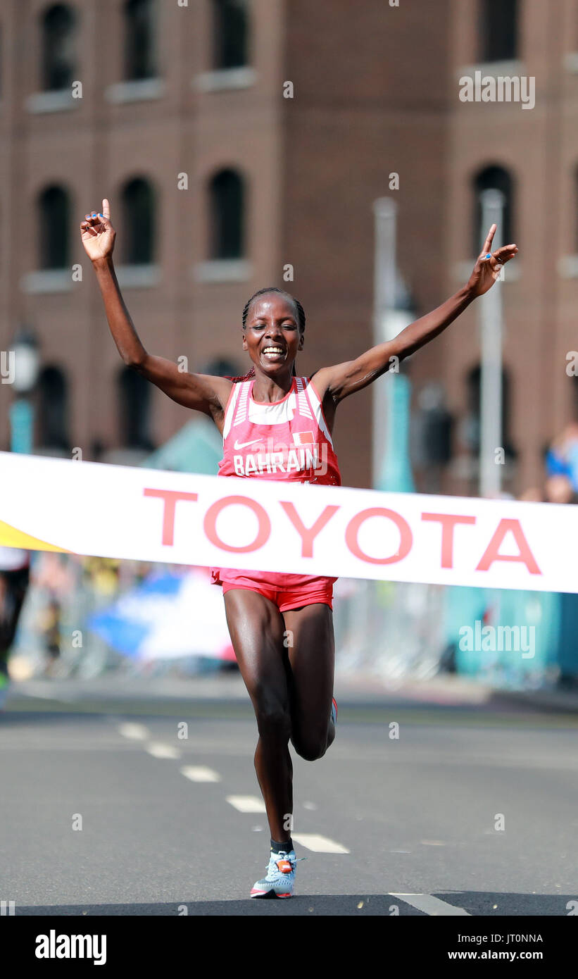 London, Britain. 6th Aug, 2017. Rose Chelimo of Bahrain celebrates as ...