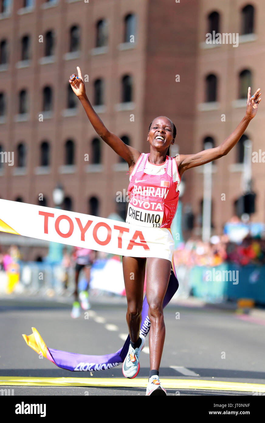 London, Britain. 6th Aug, 2017. Rose Chelimo of Bahrain celebrates as ...