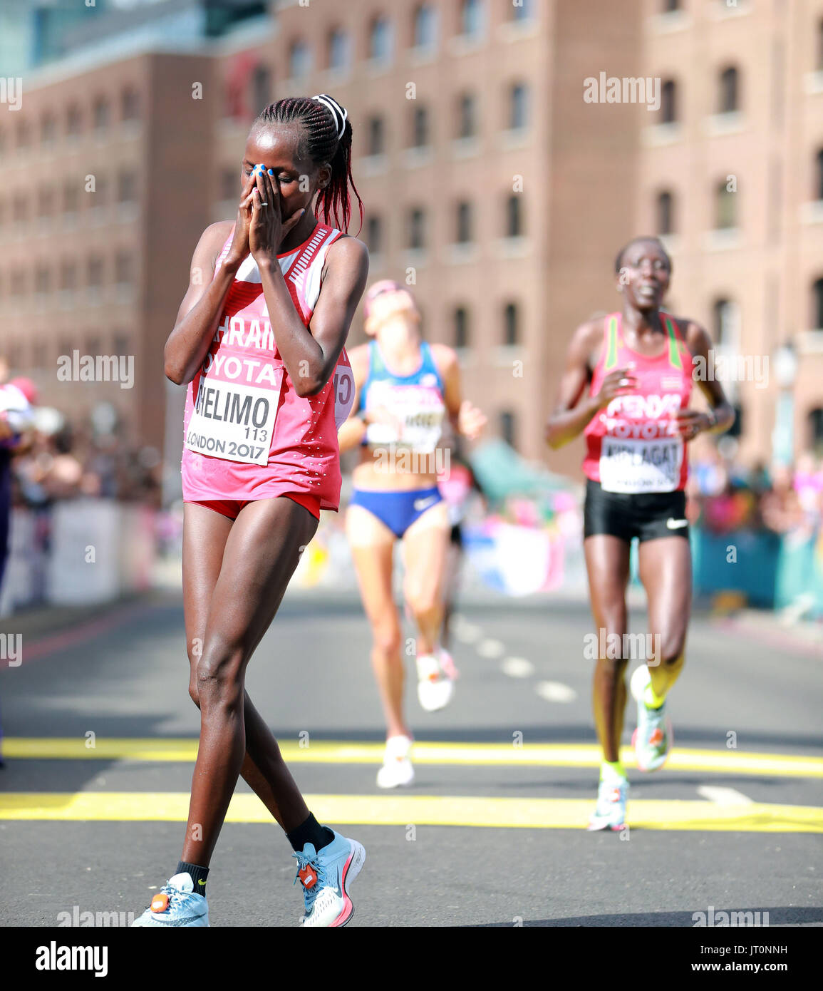 London, Britain. 6th Aug, 2017. Rose Chelimo of Bahrain reacts after ...