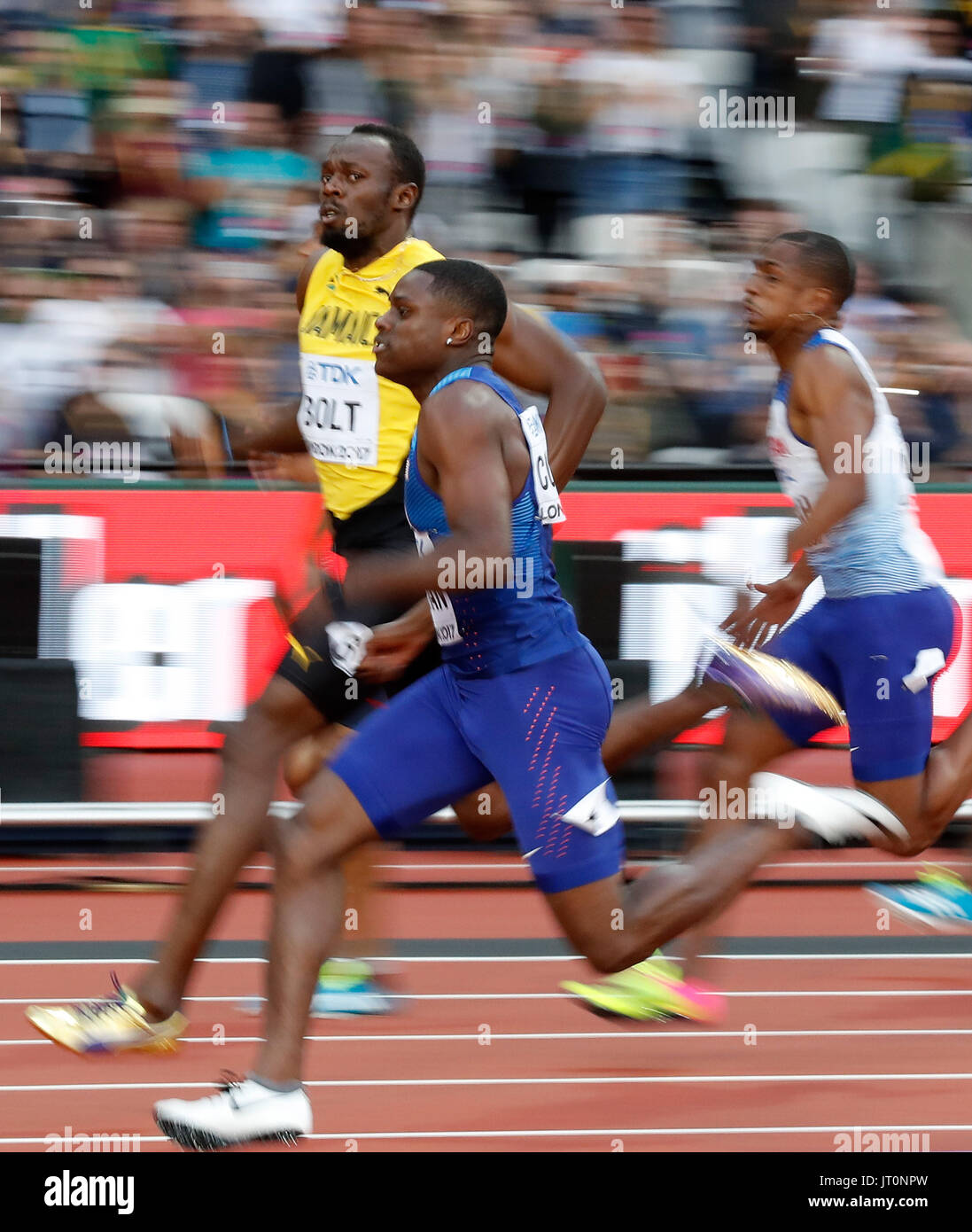 London, Britain. 5th Aug, 2017. Jamaican Usain Bolt (back L) and ...