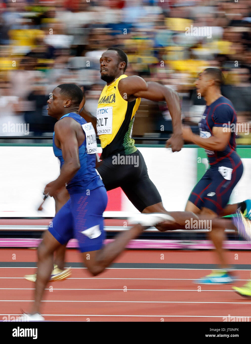 London, Britain. 5th Aug, 2017. Jamaican Usain Bolt (C) and Christian ...