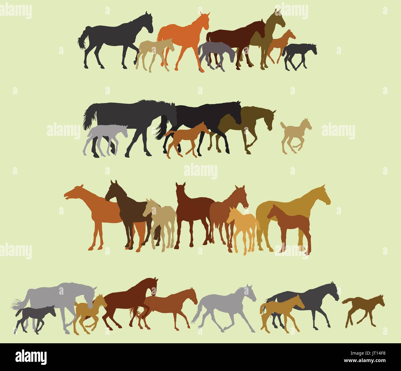 Group of black, grey, orange, brown silhouettes of horses (stallions ...