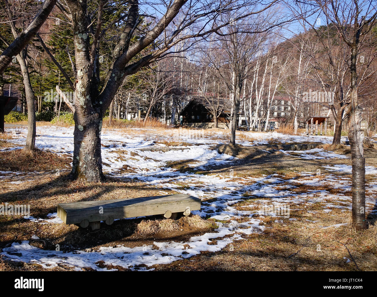 Winter scenery with a park at Yumoto Onsen in Nikko, Japan Stock Photo ...