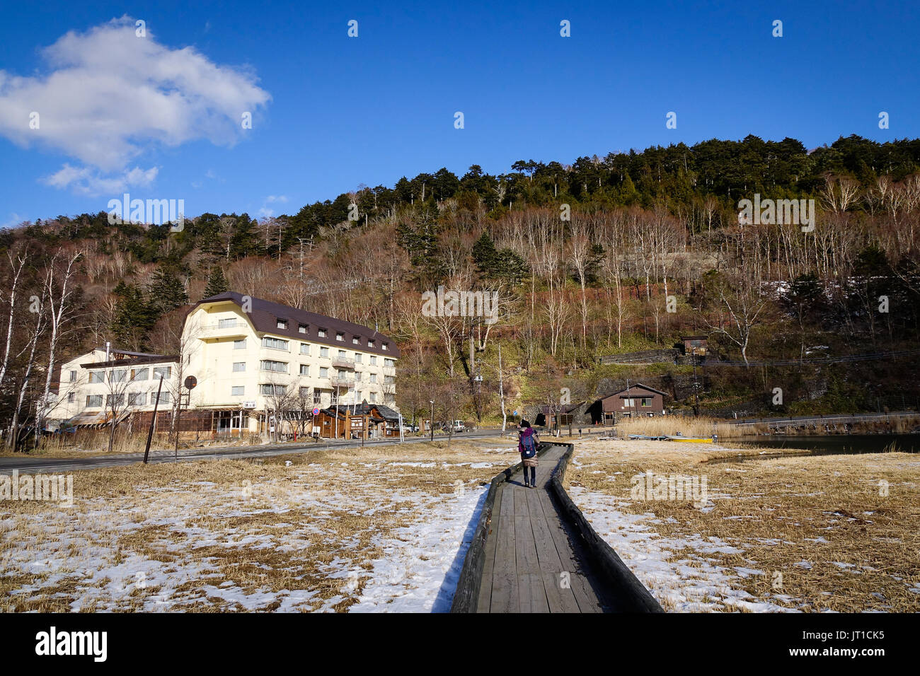 Nikko, Japan - Jan 2, 2016. Luxury resort under blue sky at winter in ...