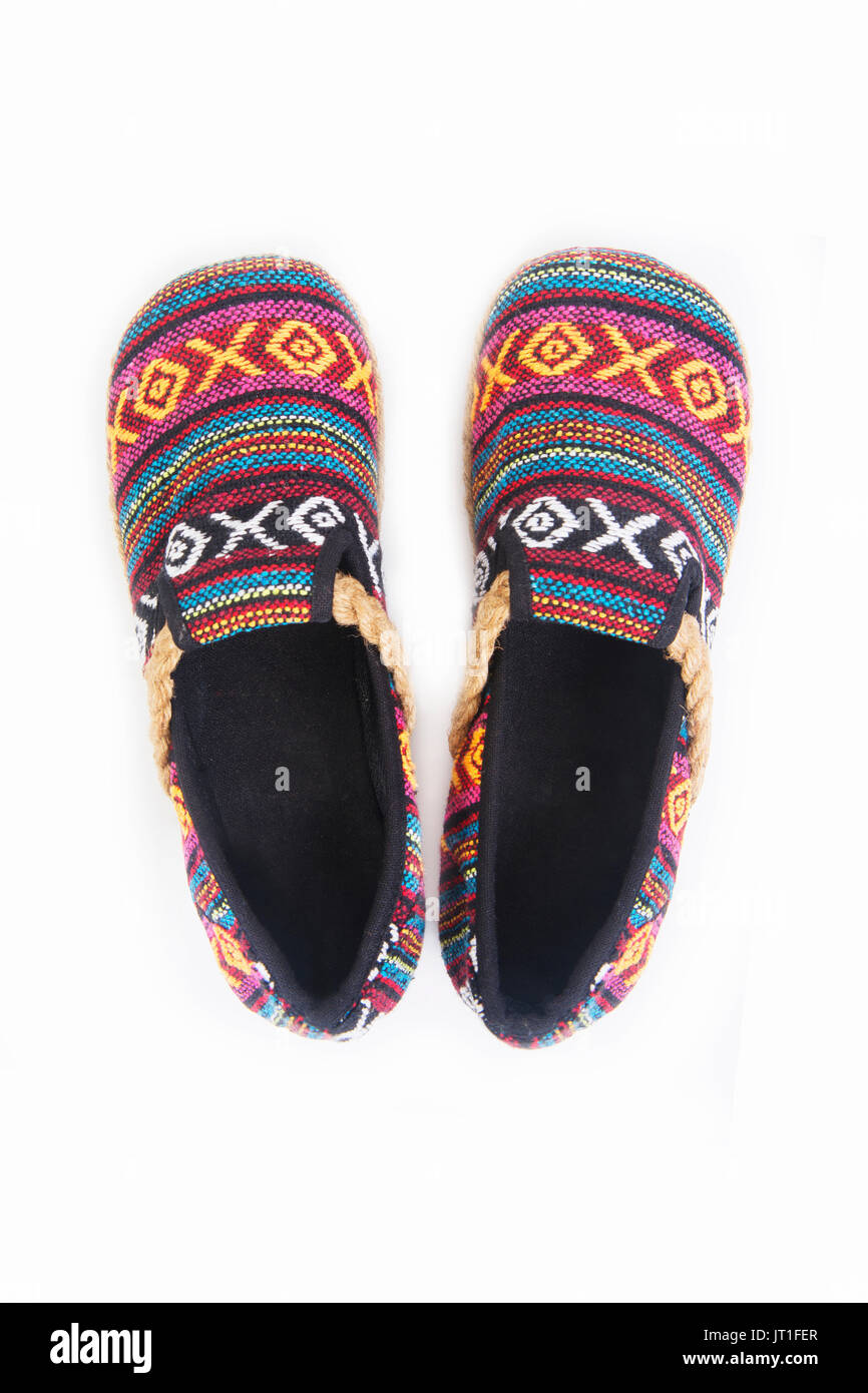 Top view of women's knitted shoe made from multi-colored fabric is a ...