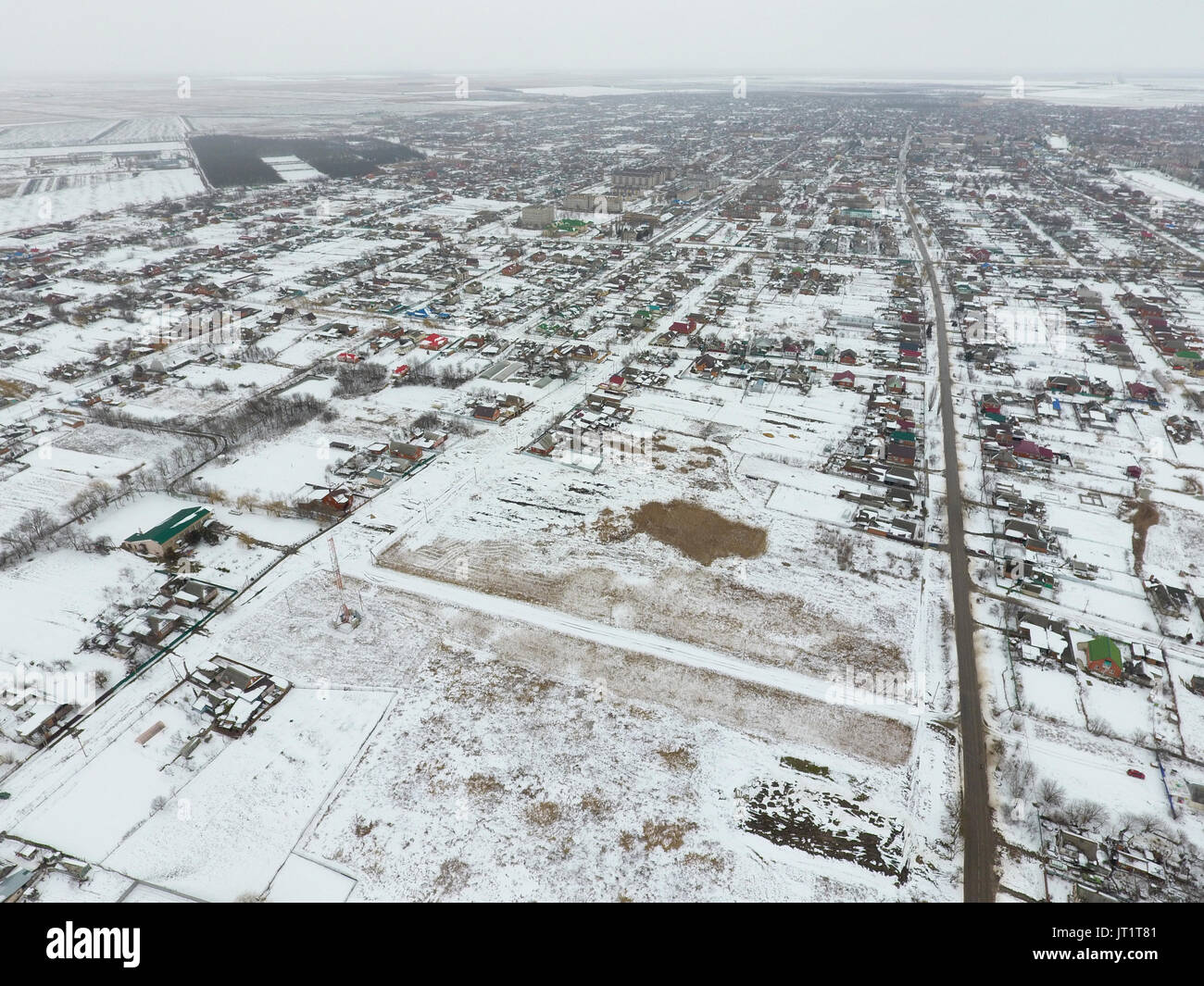 Winter view from the bird's eye view of the village. The streets are ...