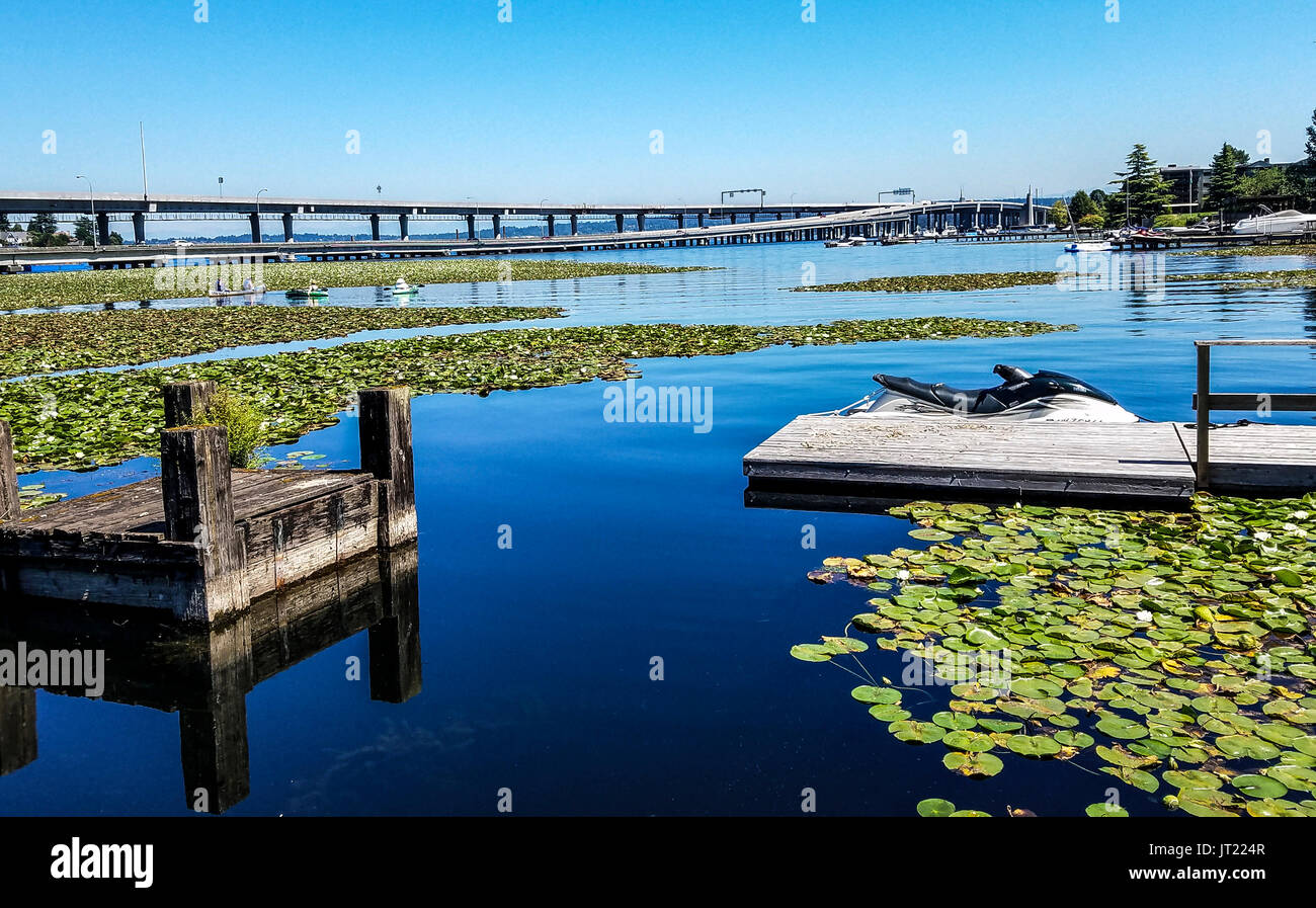 View of SR 520 floating bridge from Seattle side. Also called Evergreen ...
