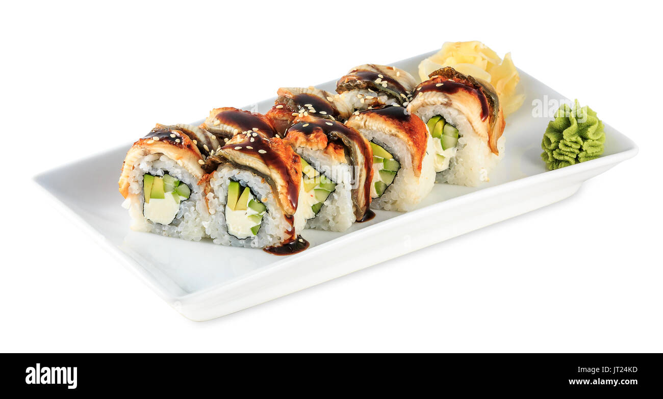 Unagi Uramaki plate - isolated on white background Stock Photo - Alamy