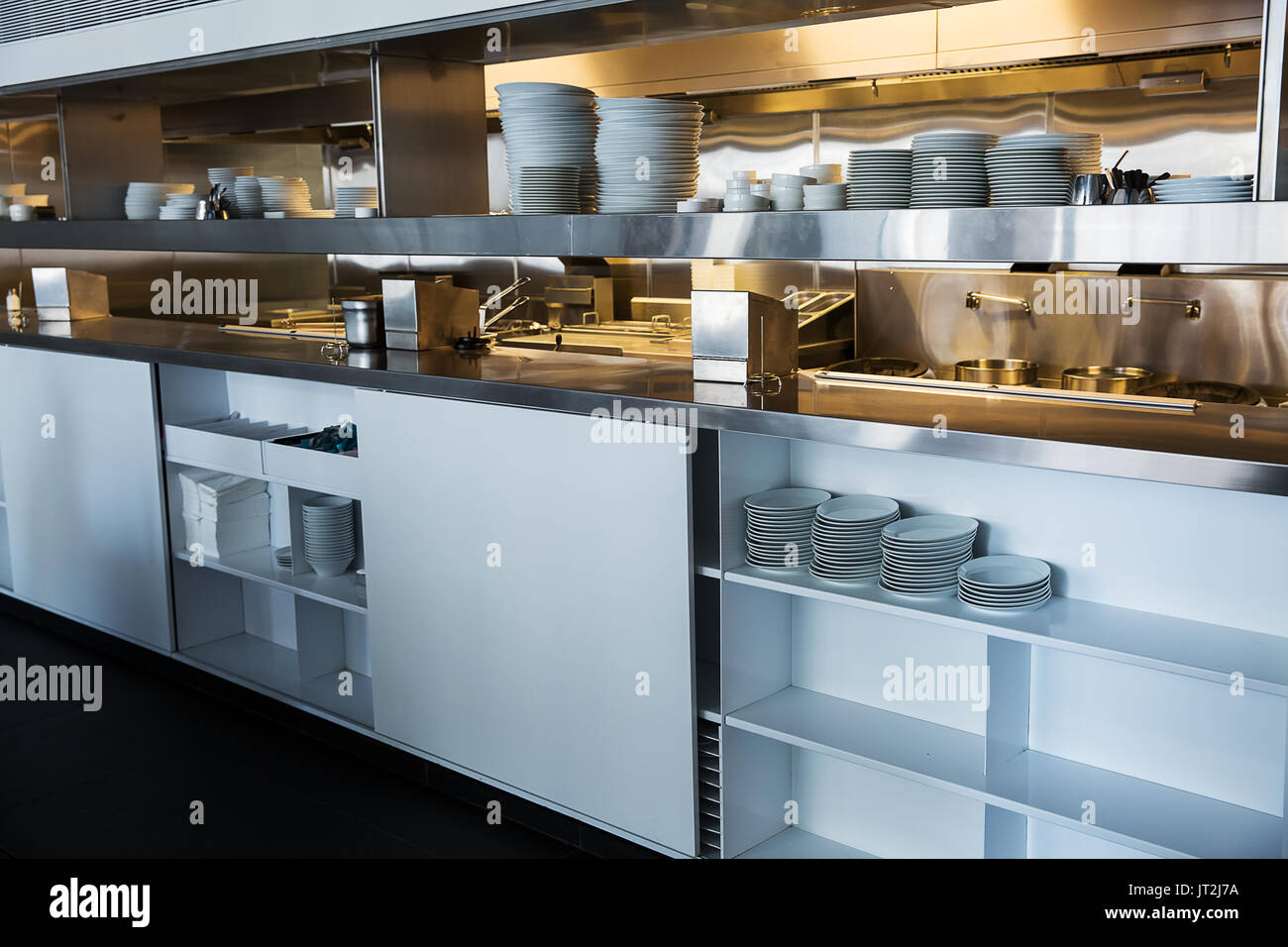 Professional kitchen, view counter in stainless steel Stock Photo - Alamy