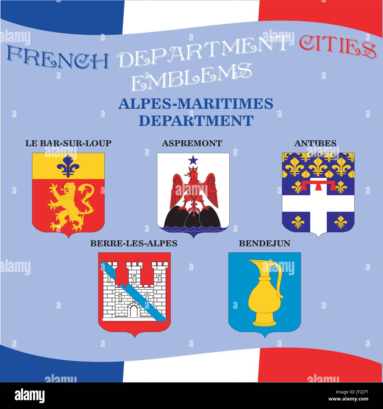 Official emblems of cities of French department Alpes Maritimes Stock ...