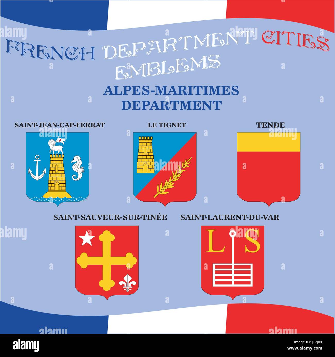 Official emblems of cities of French department Alpes Maritimes Stock ...