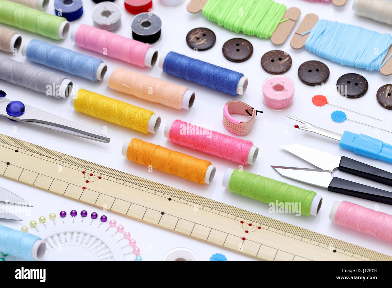 sewing tools, tailoring and fashion concept - close-up on white ...