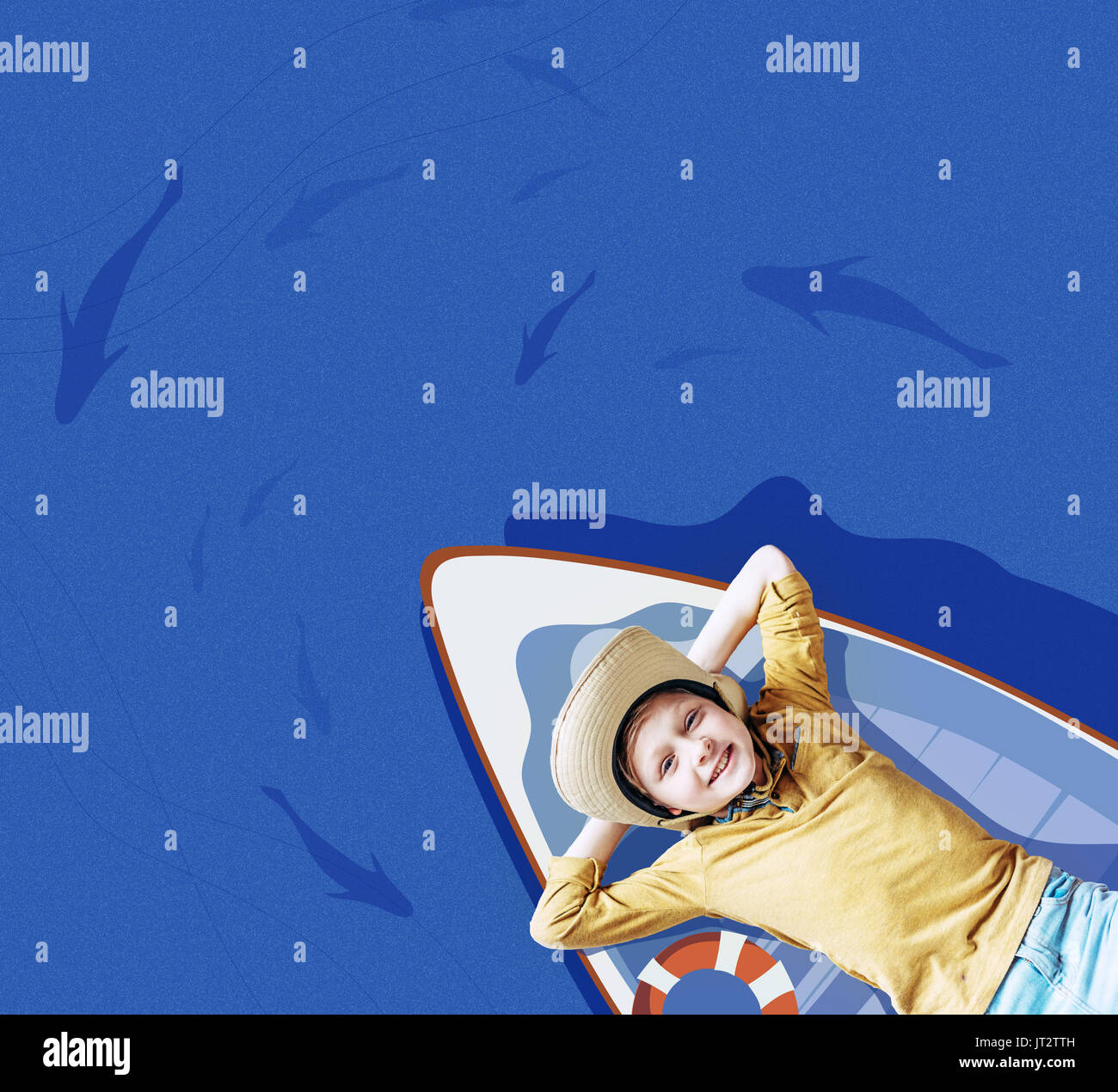 boy on floating boat Stock Photo - Alamy