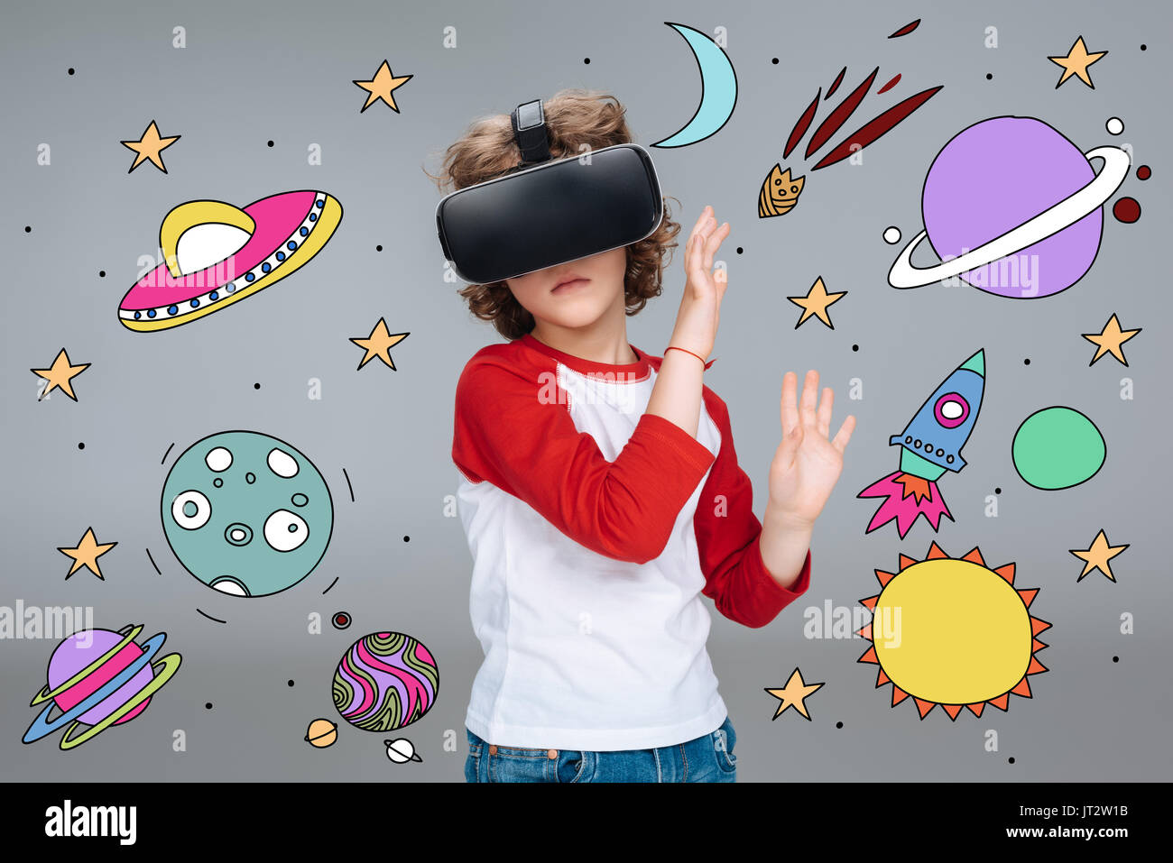 Boy wearing virtual reality headset Stock Photo - Alamy
