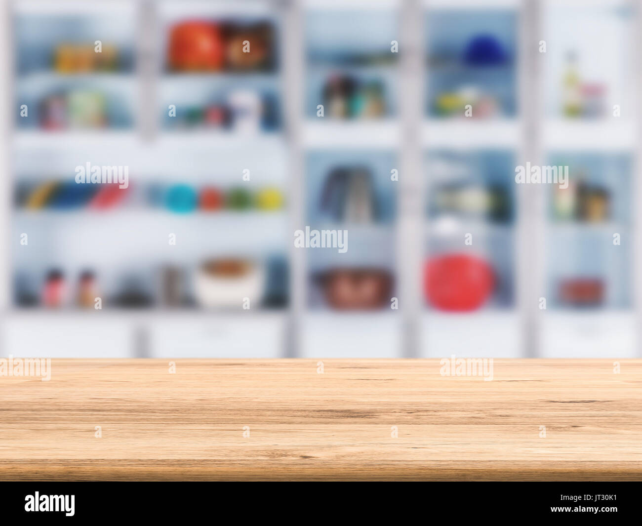 wooden counter top with kitchen cabinet background Stock Photo - Alamy