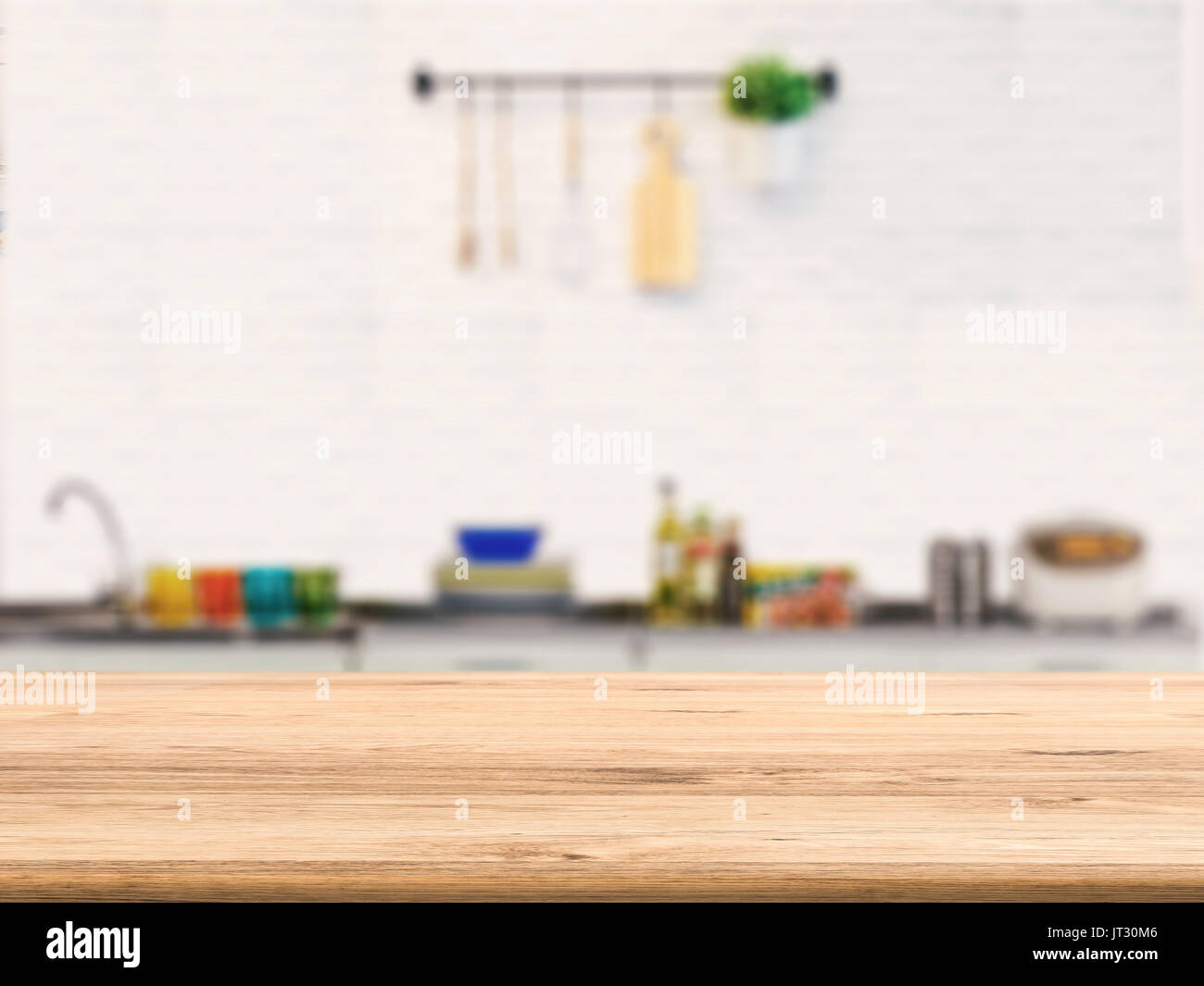 wooden counter top with kitchen cabinet background Stock Photo - Alamy