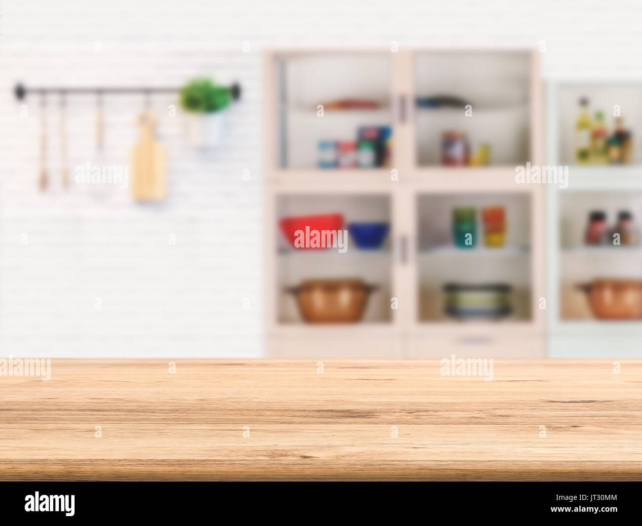 wooden counter top with kitchen cabinet background Stock Photo - Alamy
