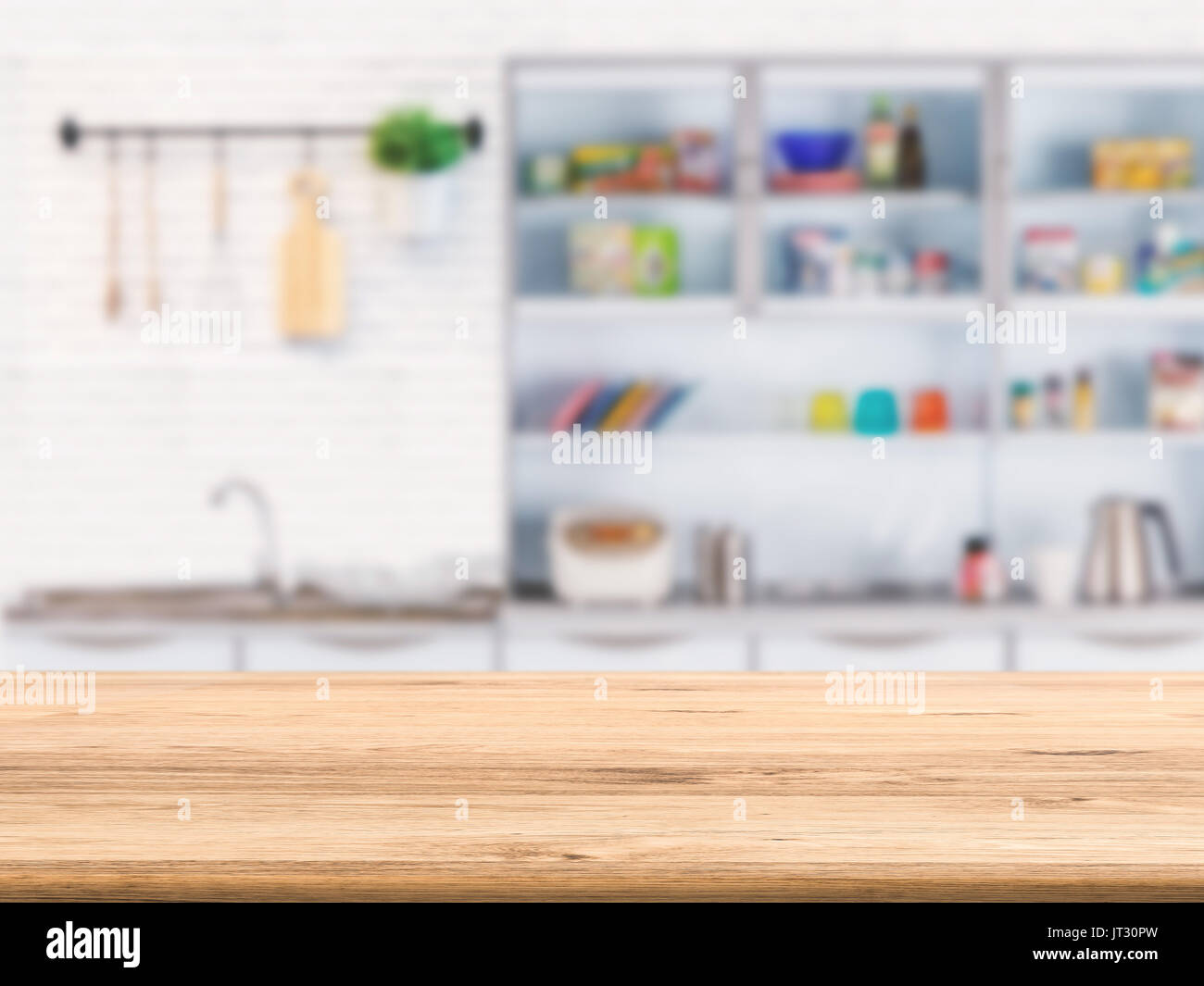 wooden counter top with kitchen cabinet background Stock Photo - Alamy