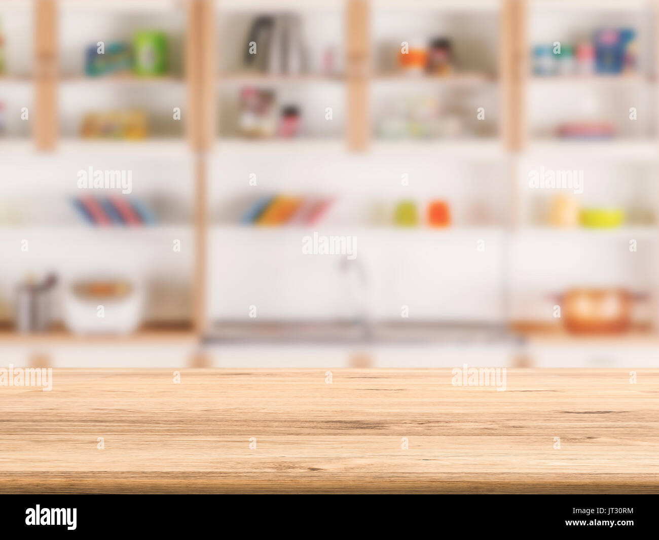 wooden counter top with kitchen cabinet background Stock Photo - Alamy