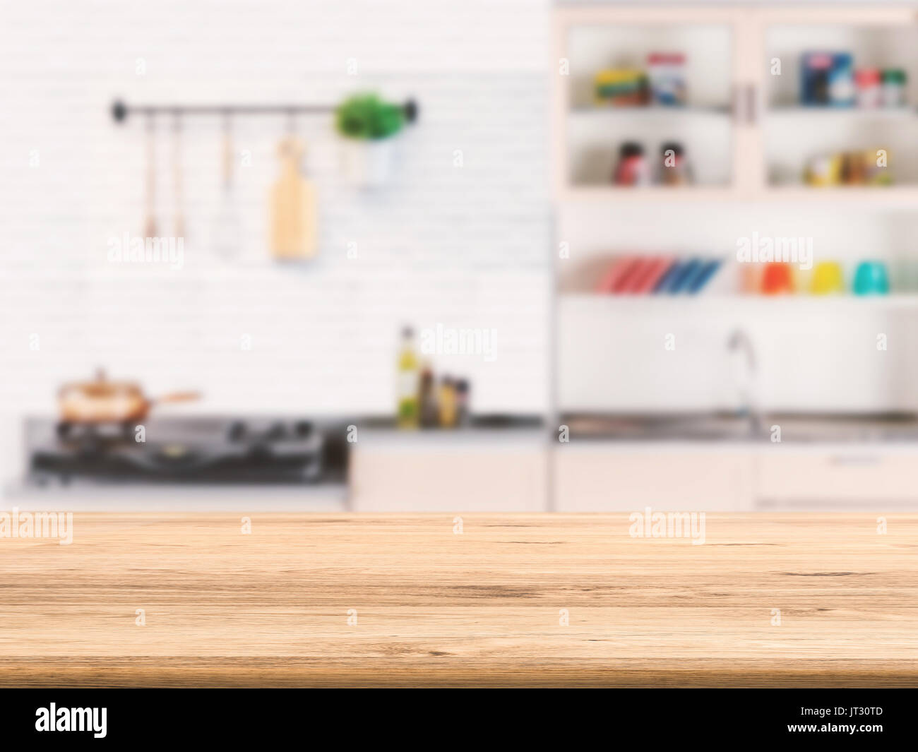 wooden counter top with kitchen cabinet background Stock Photo - Alamy