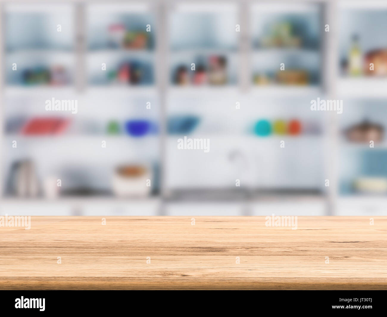 wooden counter top with kitchen cabinet background Stock Photo - Alamy