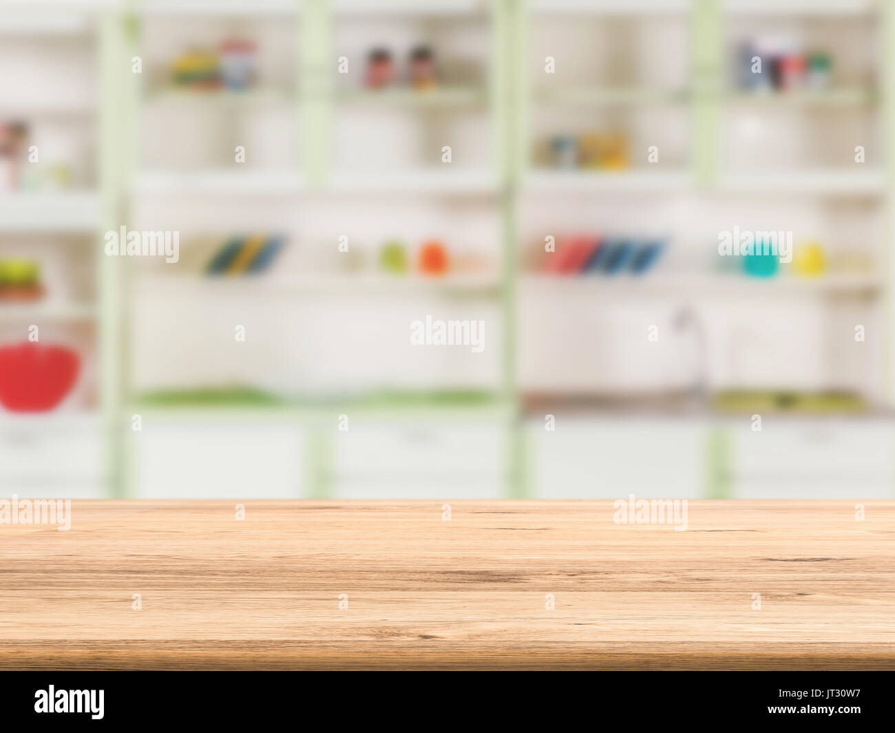wooden counter top with kitchen cabinet background Stock Photo - Alamy