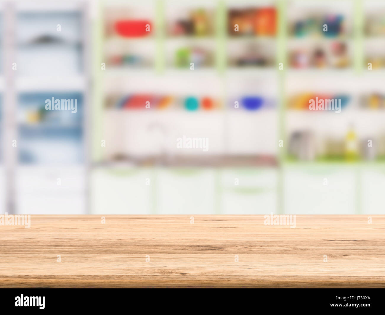 wooden counter top with kitchen cabinet background Stock Photo - Alamy