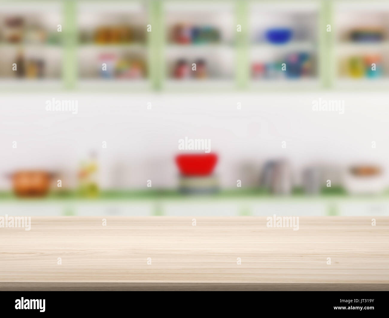wooden counter top with kitchen cabinet background Stock Photo - Alamy