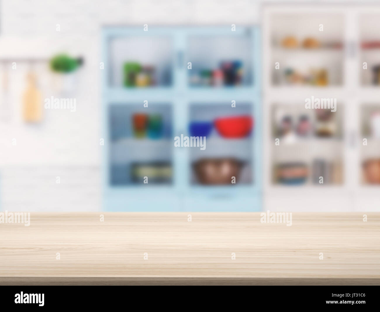 wooden counter top with kitchen cabinet background Stock Photo - Alamy