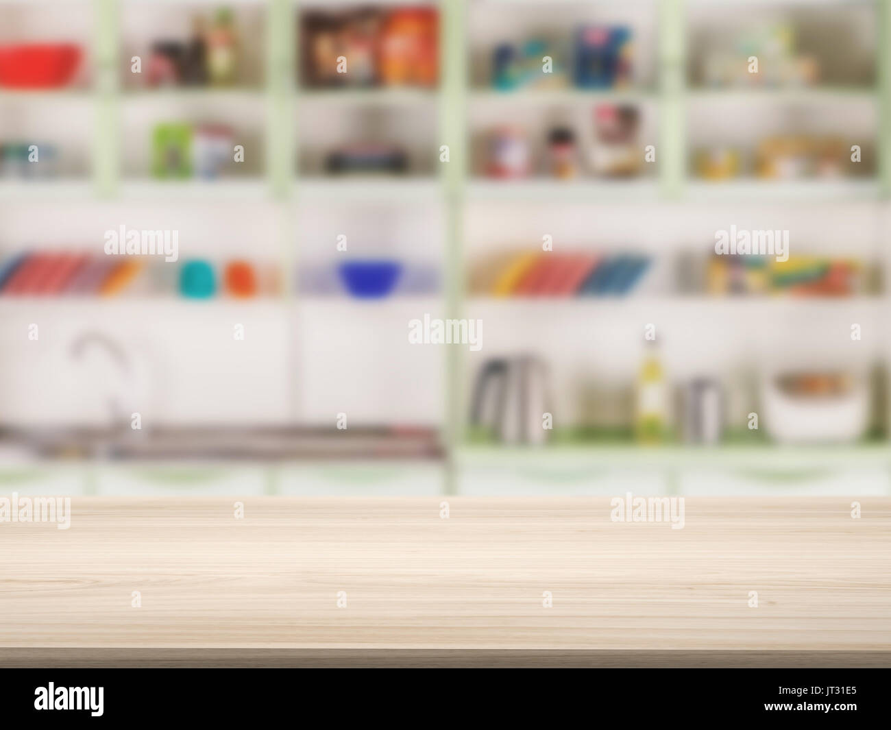 wooden counter top with kitchen cabinet background Stock Photo - Alamy