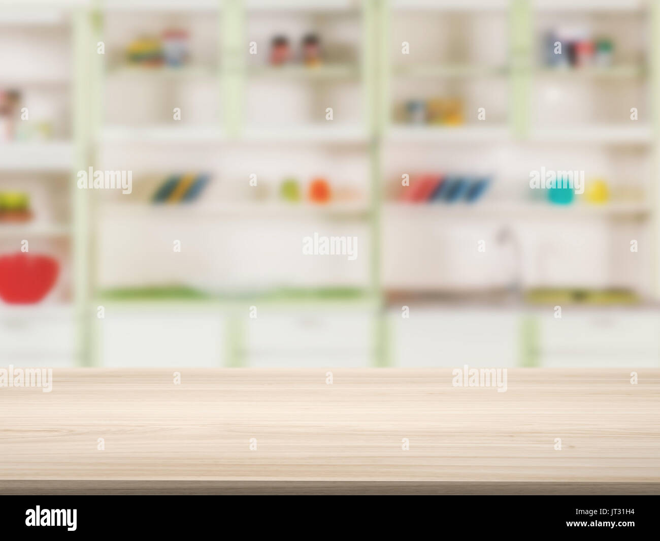 wooden counter top with kitchen cabinet background Stock Photo - Alamy