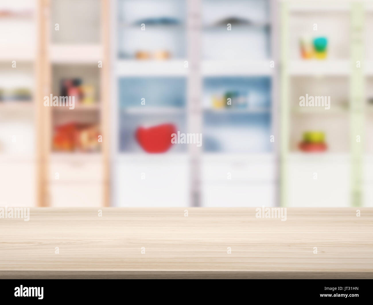 wooden counter top with kitchen cabinet background Stock Photo - Alamy