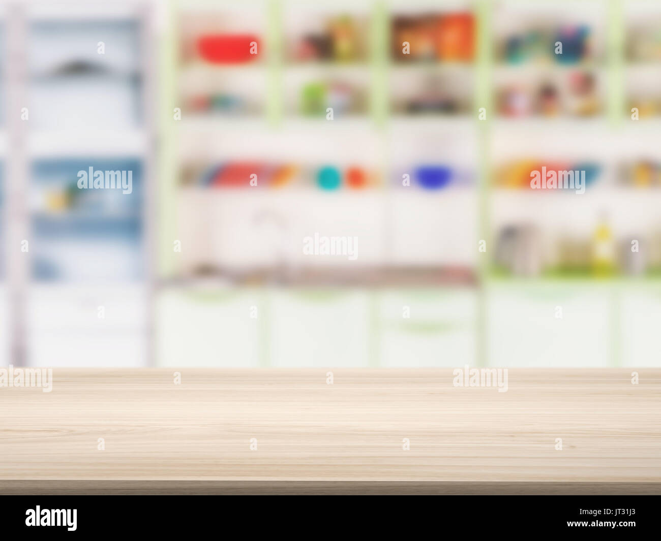 wooden counter top with kitchen cabinet background Stock Photo - Alamy