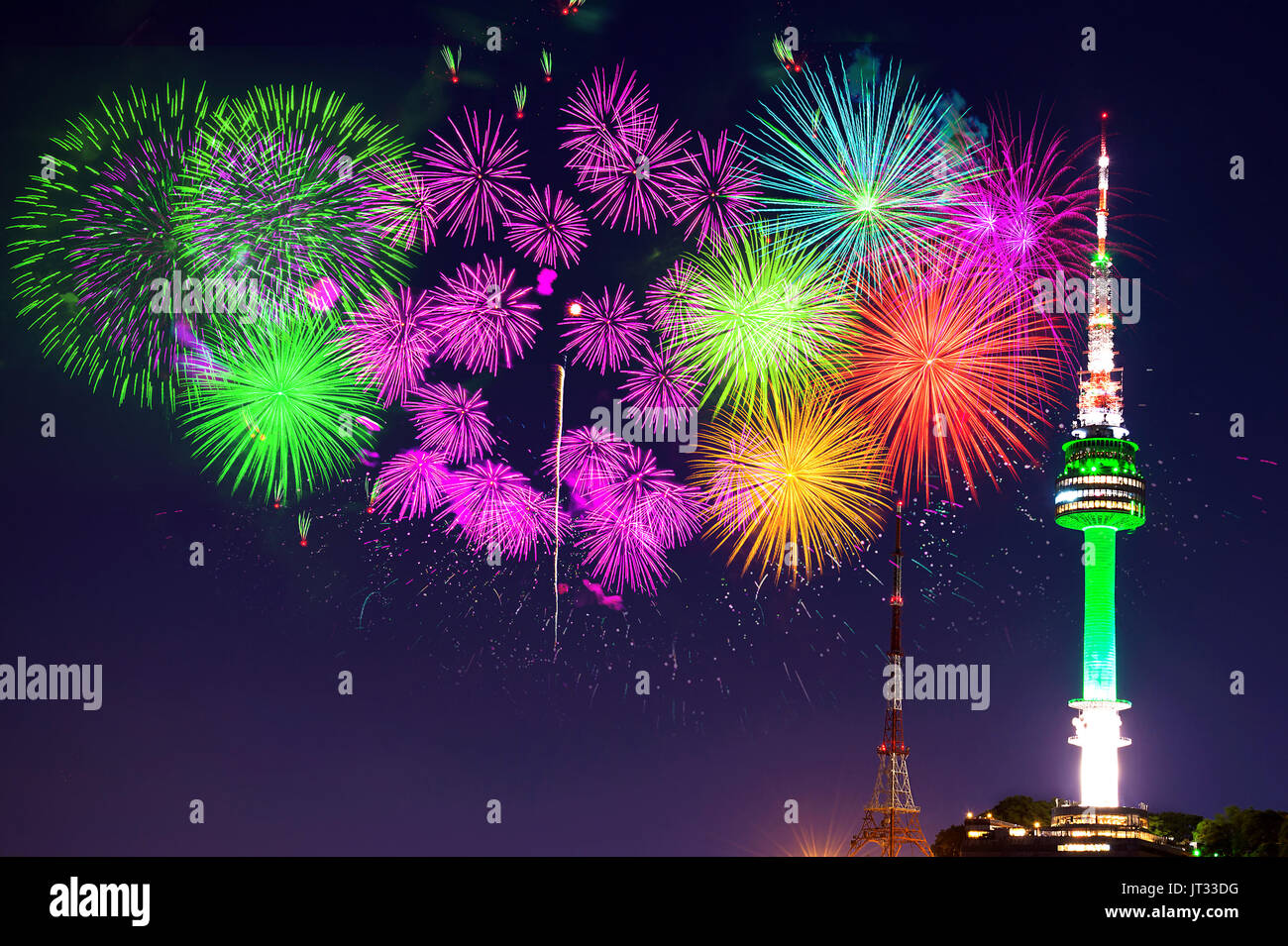 Seoul tower and firework festival in korea Stock Photo - Alamy