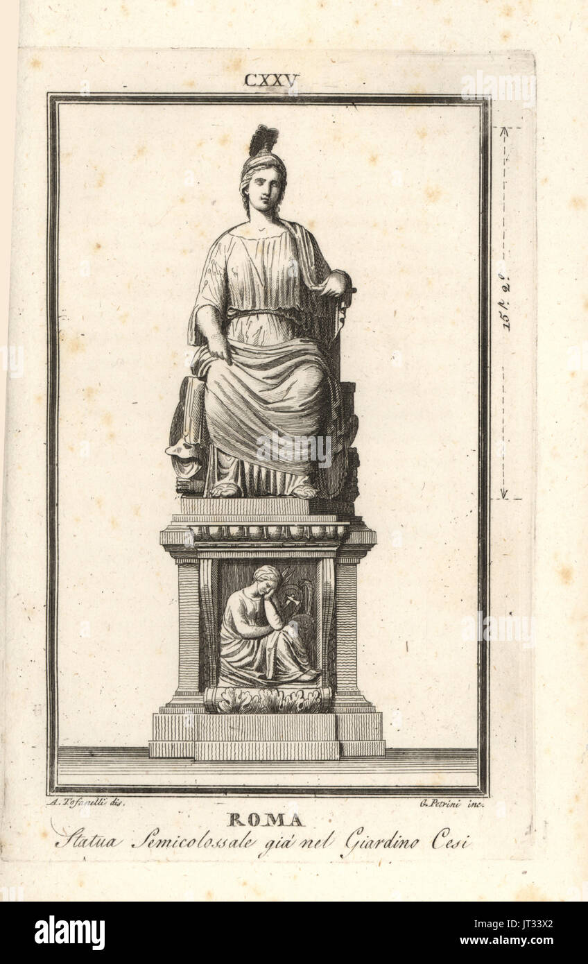 Statue of Roma, goddess of the city of Rome, wearing a helmet and ...