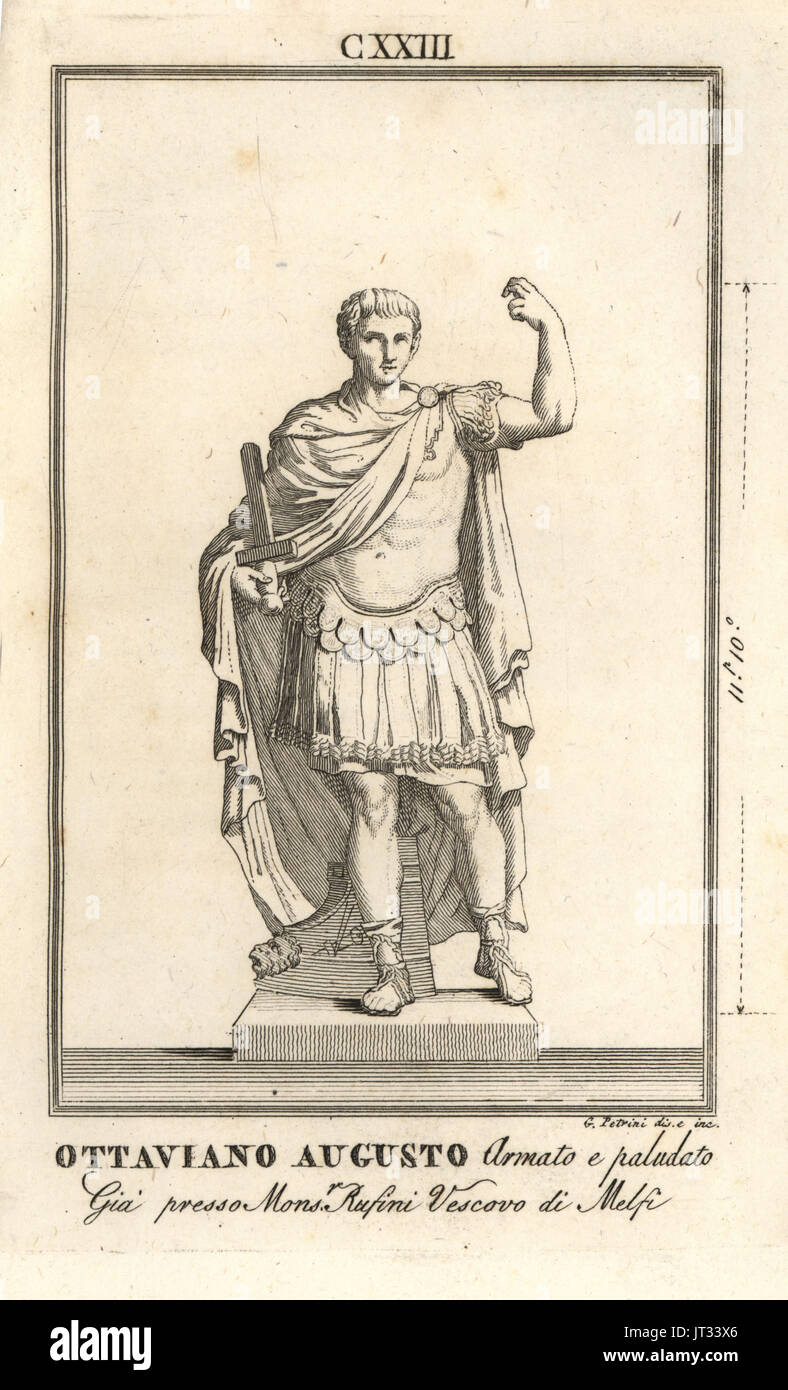 Statue of Roman Emperor Augustus in armour. In the collection of Rufini ...