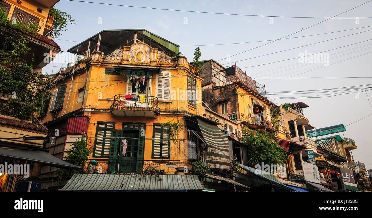 Hanoi, Vietnam - Sep 22, 2013. Ancient buildings at Old Quarter in ...