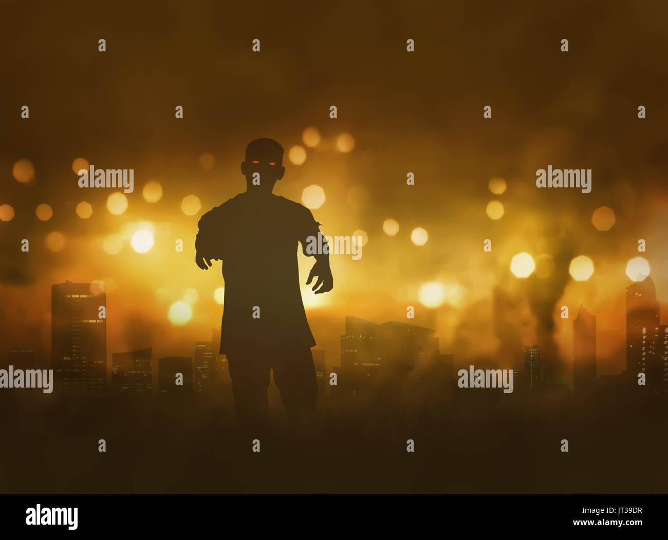 Silhouette of zombie with scary red eyes walking in the middle of smoke ...