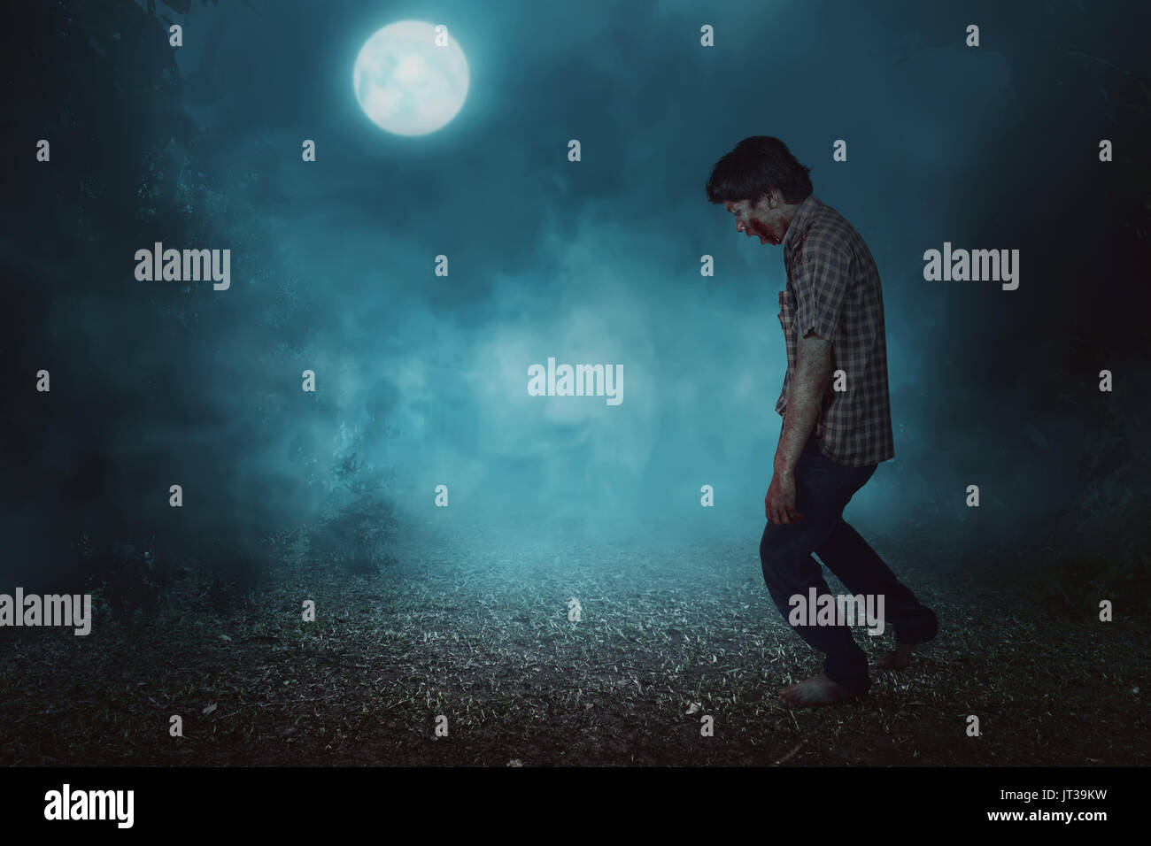 Creepy asian zombie man with blood walking on moonlight Stock Photo - Alamy