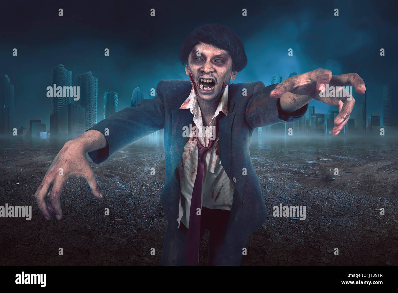 Portrait of asian zombie man with suit with wounded face against dark ...