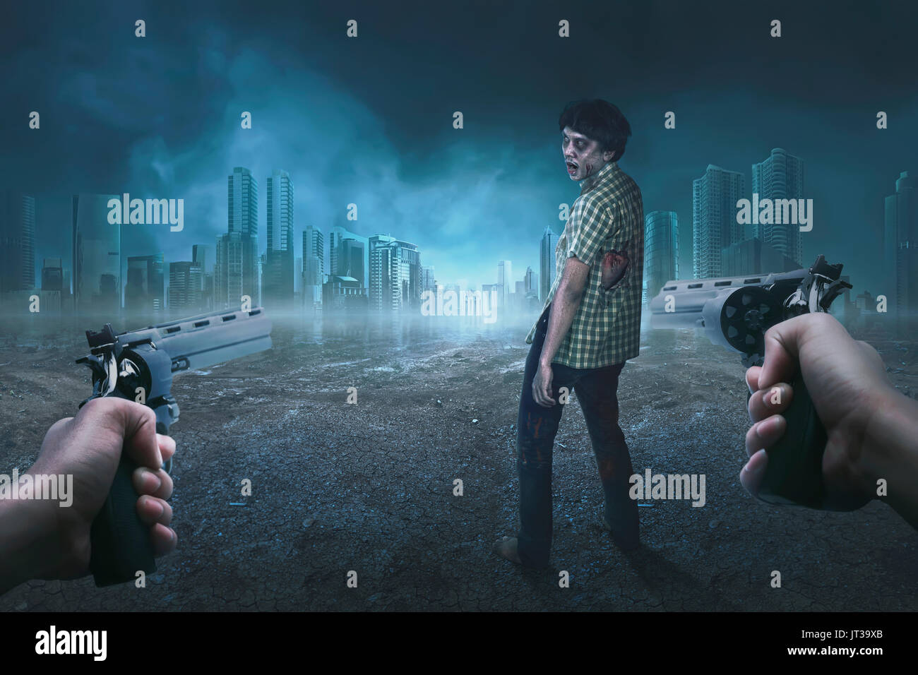 Hand with two guns ready to shoot bloody asian zombie on the dark city ...