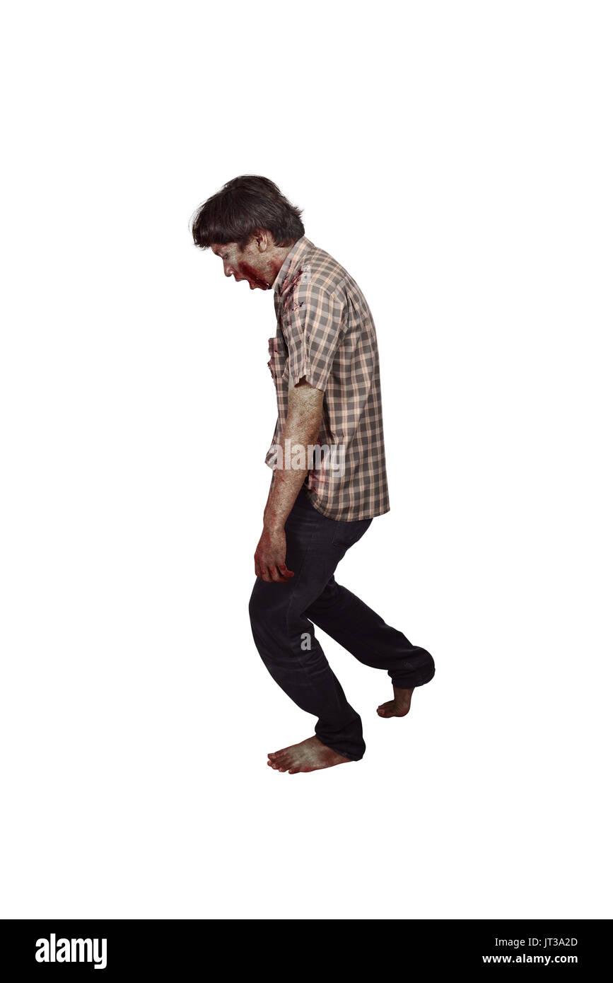 Side view of scary asian zombie with wounded face isolated over white ...