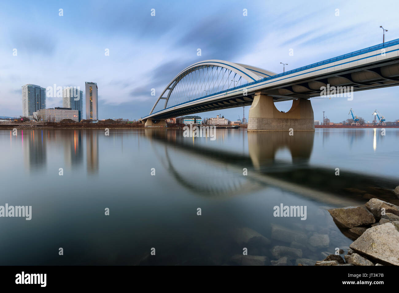 Apollo bridge in Bratislava, Slovakia with nice sunset and left part of ...