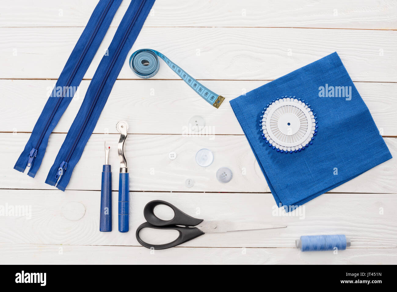 top view of workshop with needlework details and tools mock-up Stock ...